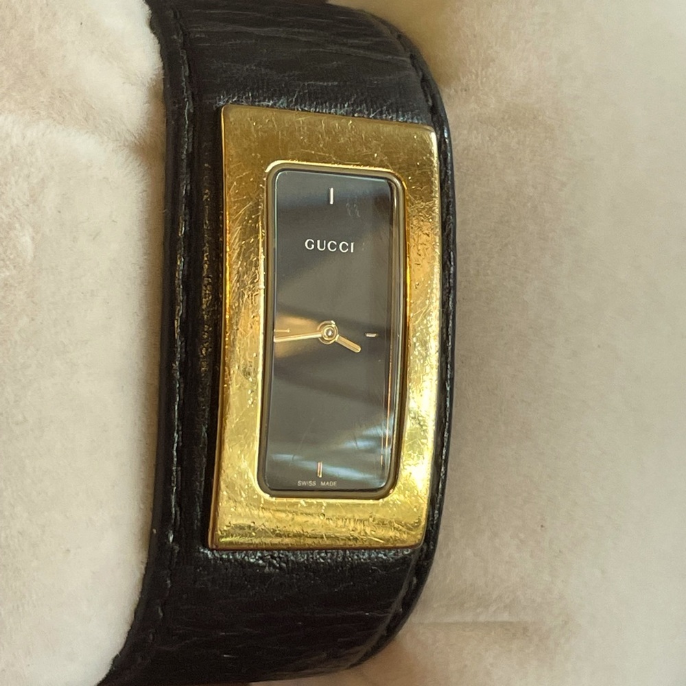 Gucci 7800s Black Leather Bangle 18k Gold Plated Ladi… - Gem